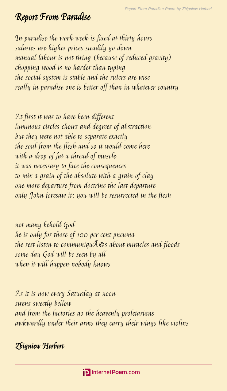 Report From Paradise Poem by Zbigniew Herbert