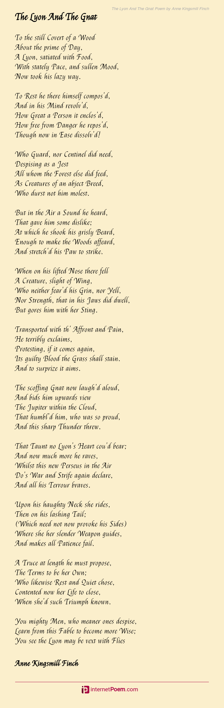 The Lyon And The Gnat Poem by Anne Kingsmill Finch