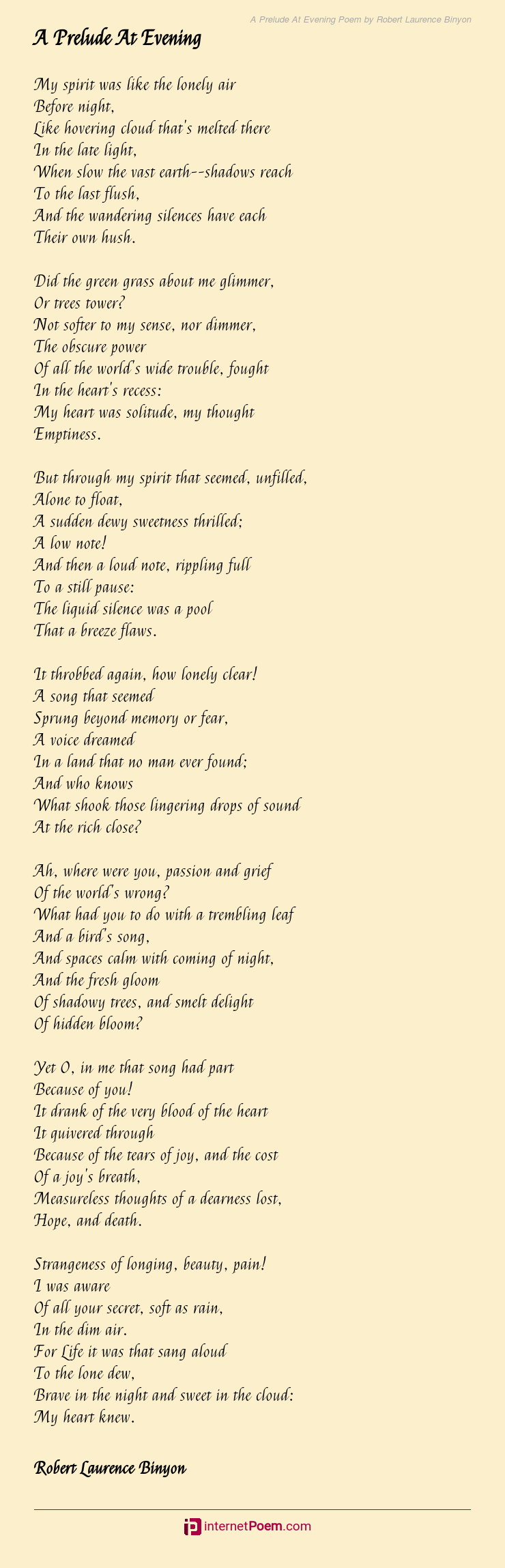 A Prelude At Evening Poem by Robert Laurence Binyon