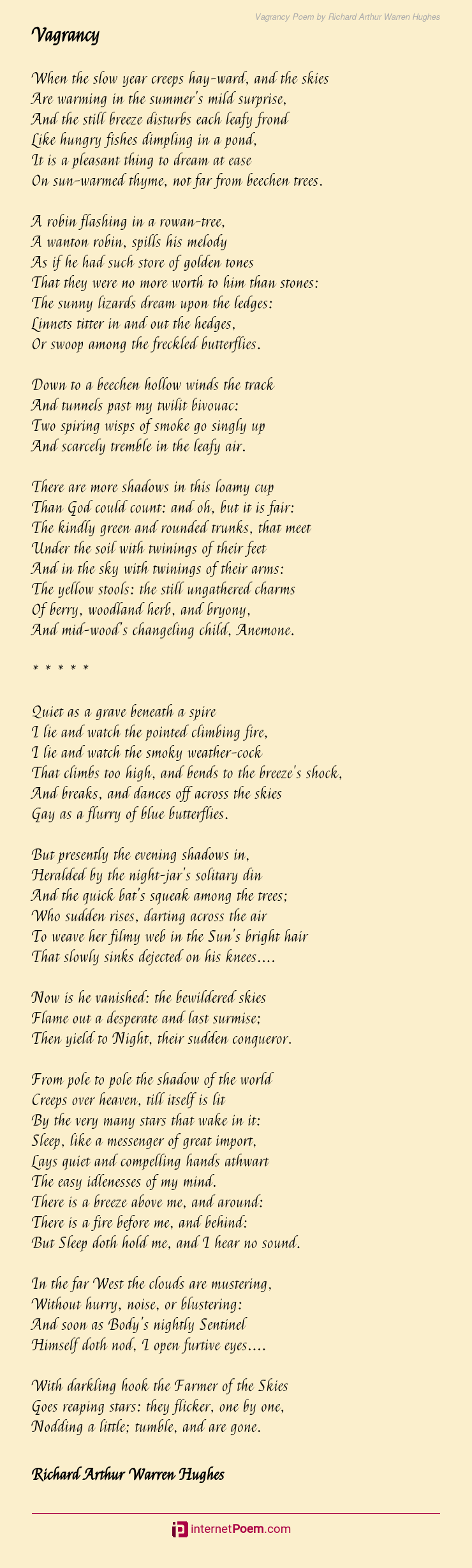 Vagrancy Poem by Richard Arthur Warren Hughes