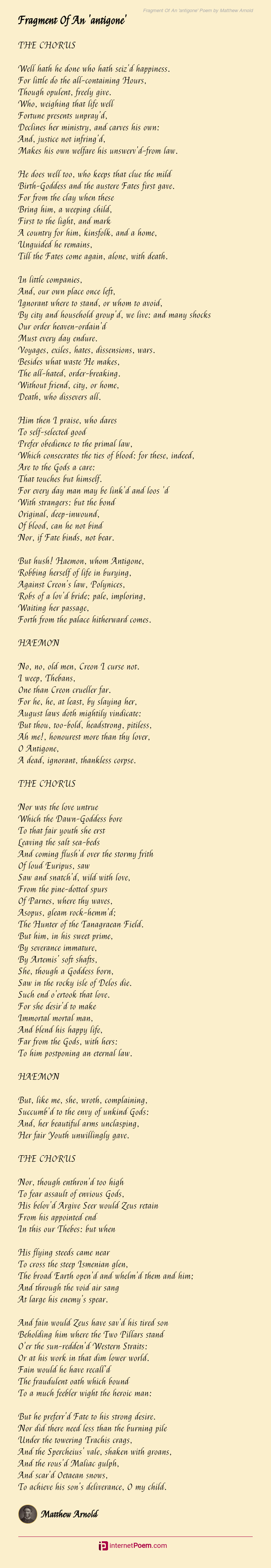 Fragment Of An 'antigone' Poem by Matthew Arnold