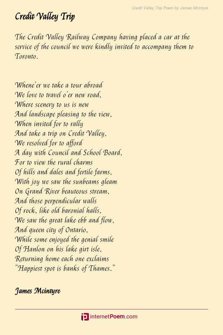 Credit Valley Trip Poem by James Mcintyre