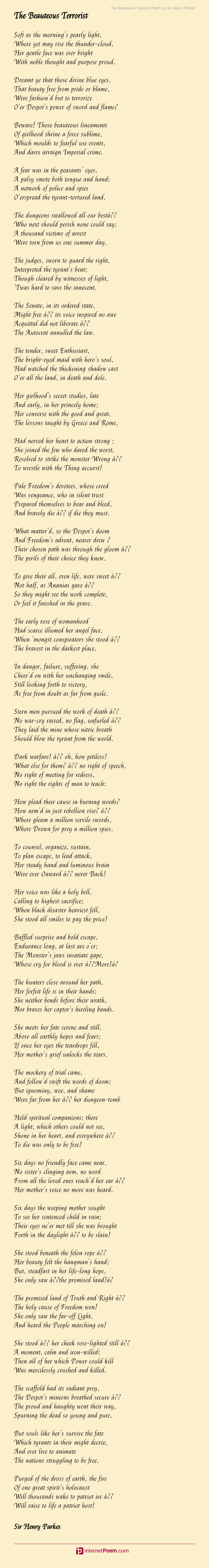 The Beauteous Terrorist Poem by Sir Henry Parkes