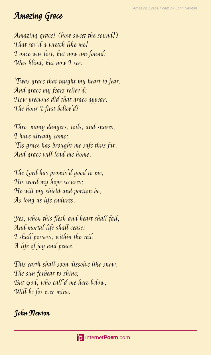Amazing Grace Poem by John Newton