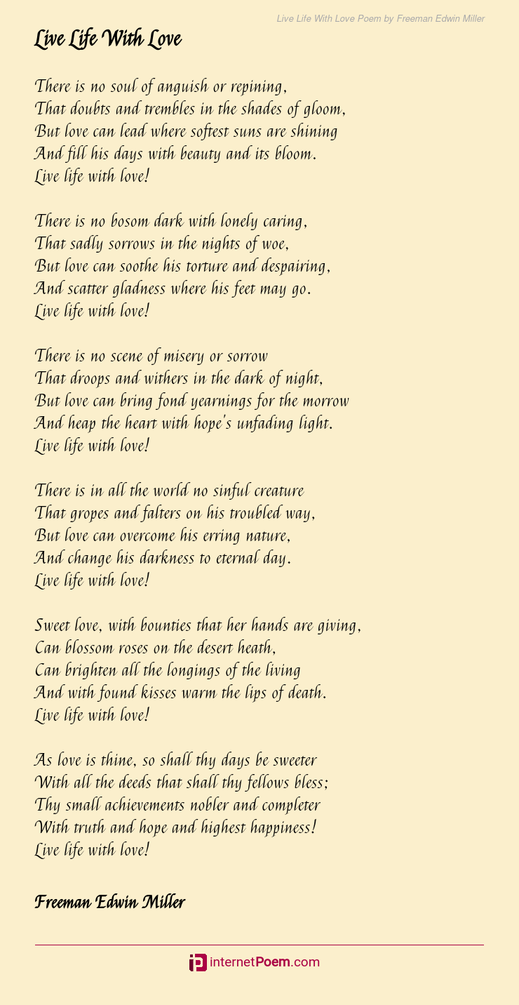 Live Life With Love Poem by Freeman Edwin Miller