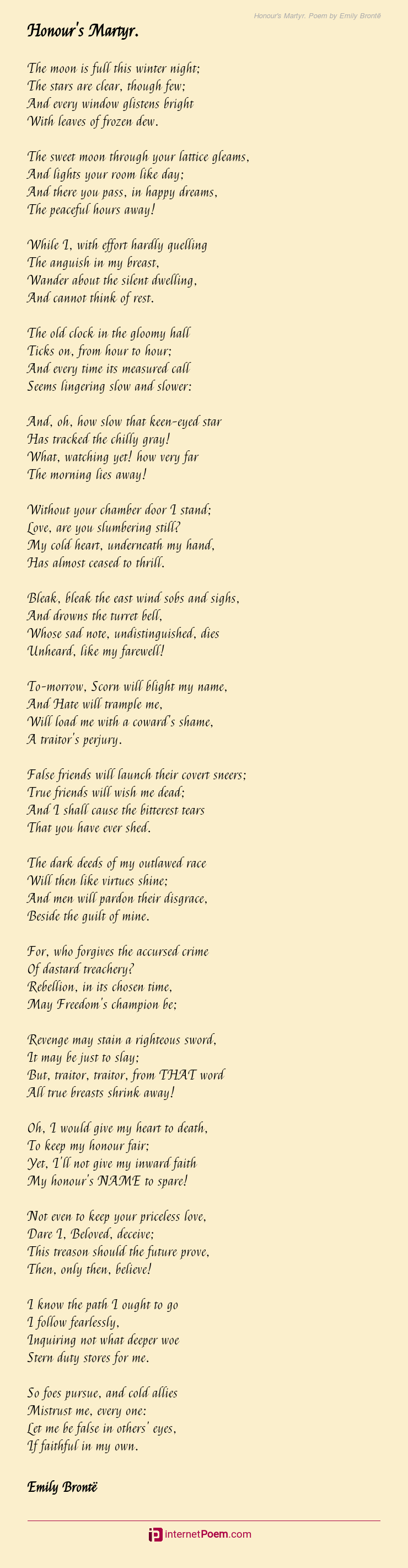 Honour's Martyr. Poem by Emily Bronte