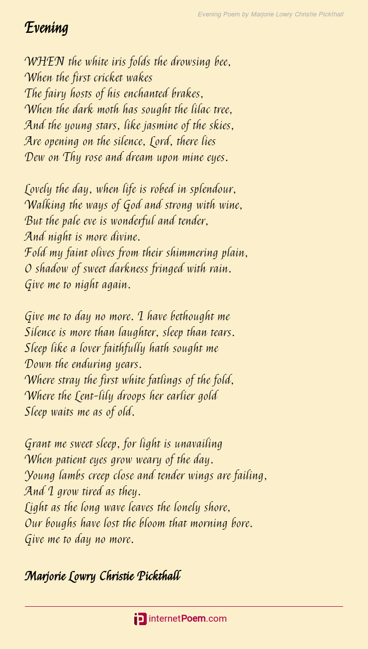 Evening Poem by Marjorie Lowry Christie Pickthall