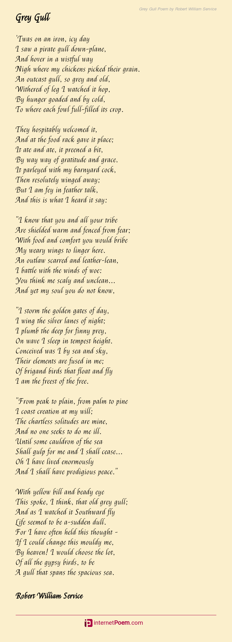 Grey Gull Poem by Robert William Service