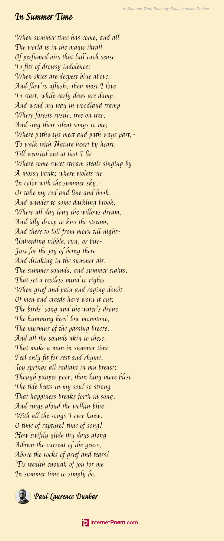 In Summer Time Poem by Paul Laurence Dunbar