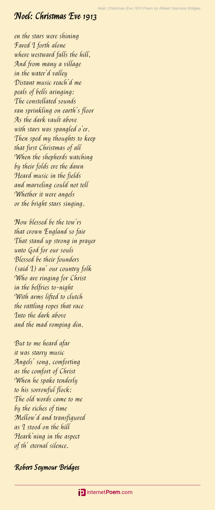Noel: Christmas Eve 1913 Poem by Robert Seymour Bridges