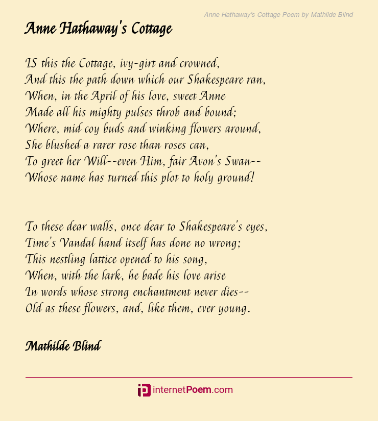 Anne Hathaway's Cottage Poem by Mathilde Blind