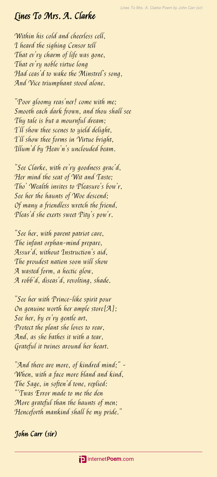 Lines To Mrs. A. Clarke Poem by John Carr (sir)