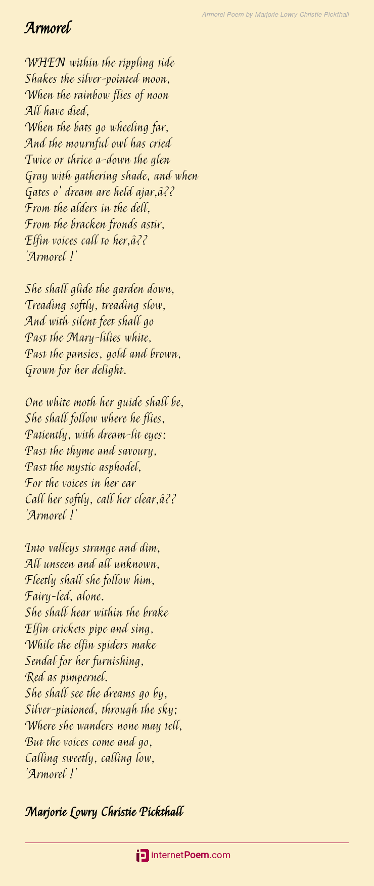 Armorel Poem by Marjorie Lowry Christie Pickthall