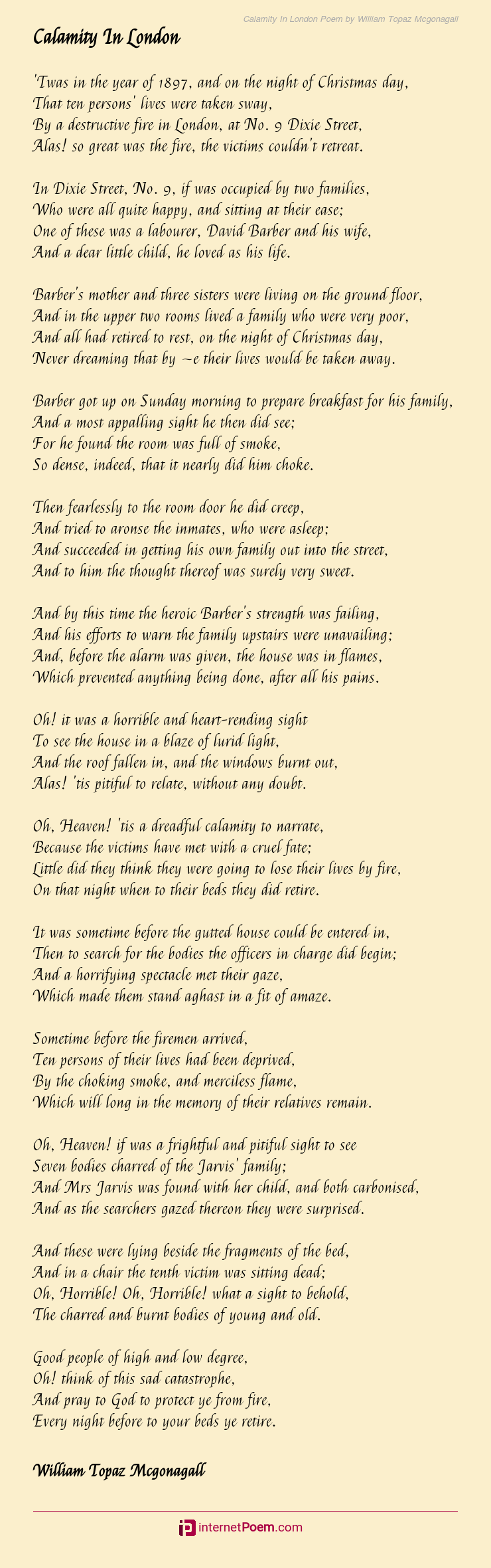 Calamity In London Poem by William Topaz Mcgonagall