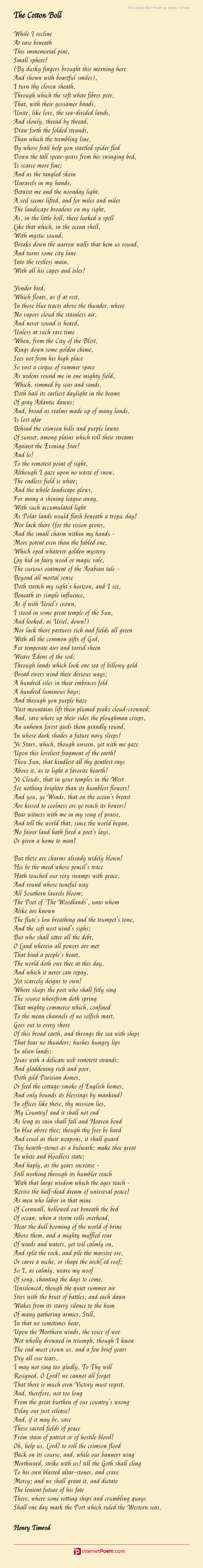 The Cotton Boll Poem by Henry Timrod
