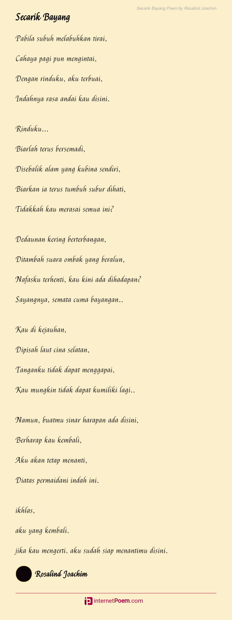 Secarik Bayang Poem by Rosalind Joachim
