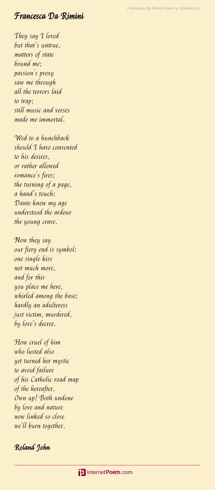 Francesca Da Rimini Poem by Roland John