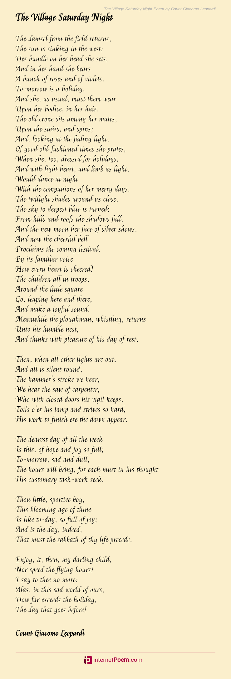 The Village Saturday Night Poem by Count Giacomo Leopardi