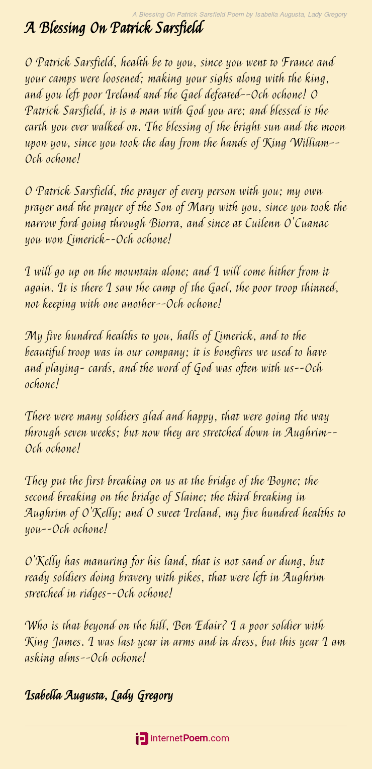 A Blessing On Patrick Sarsfield Poem by Isabella Augusta, Lady Gregory