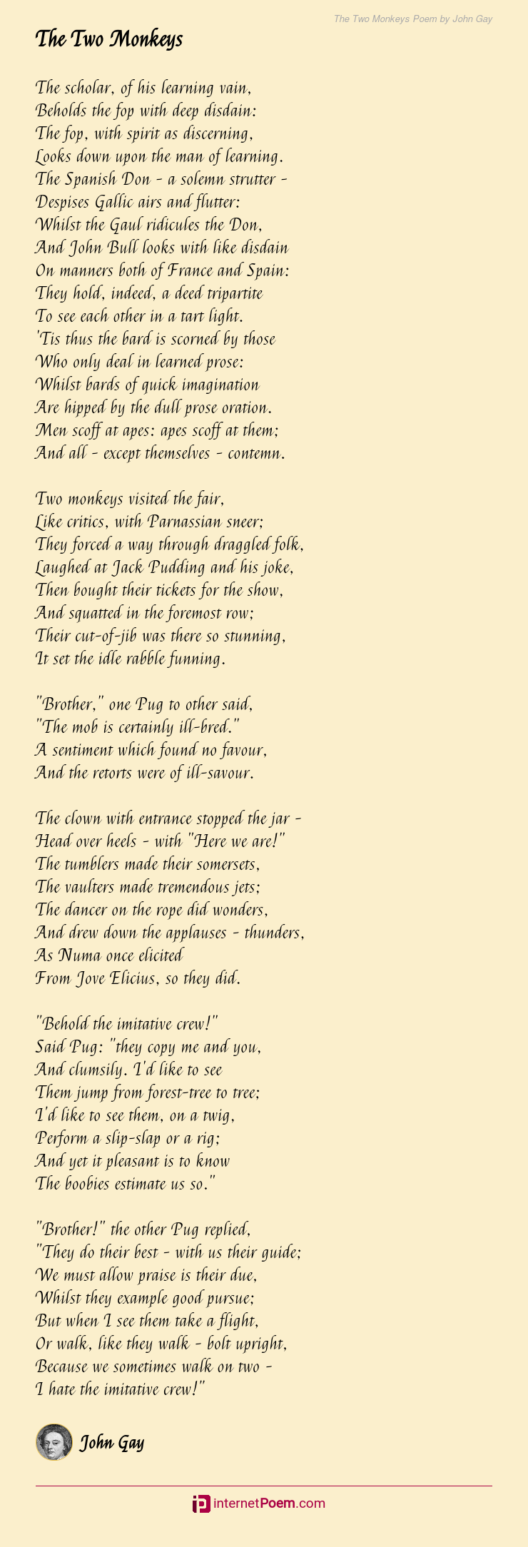 The Two Monkeys Poem by John Gay