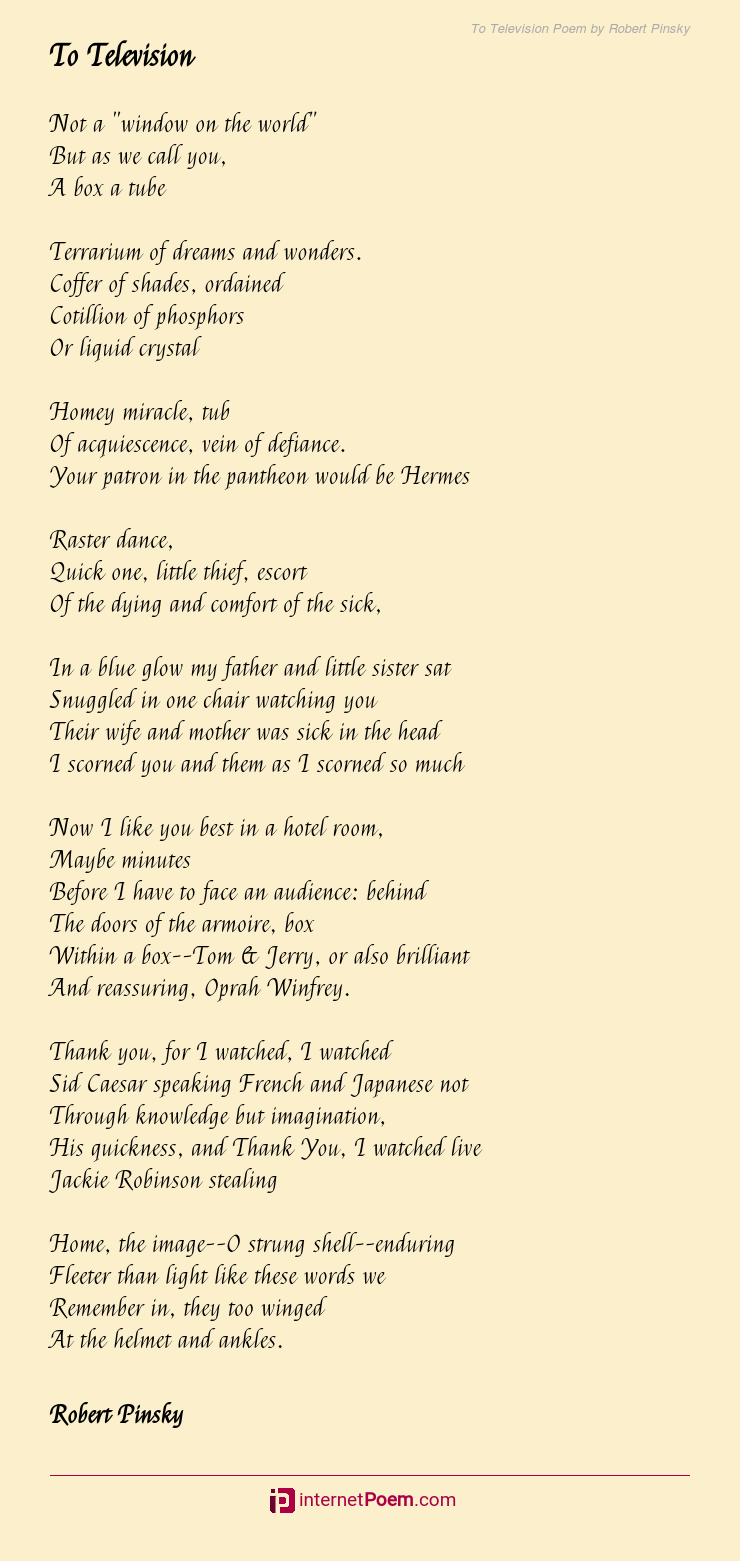 To Television Poem by Robert Pinsky