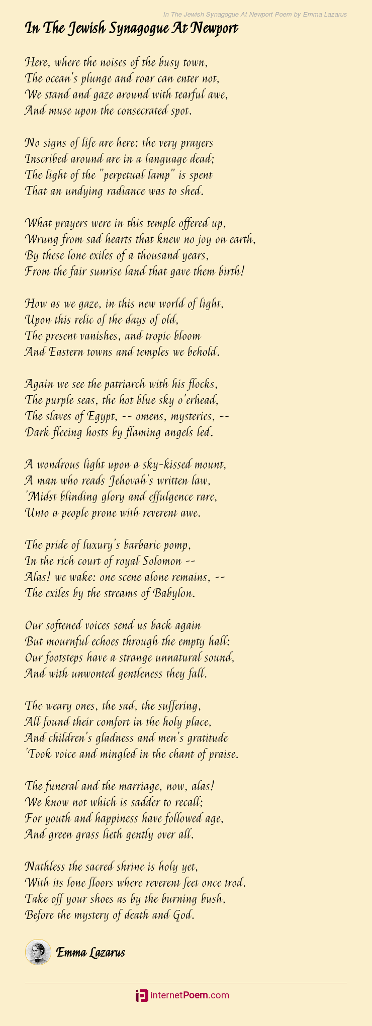 In The Jewish Synagogue At Newport Poem by Emma Lazarus