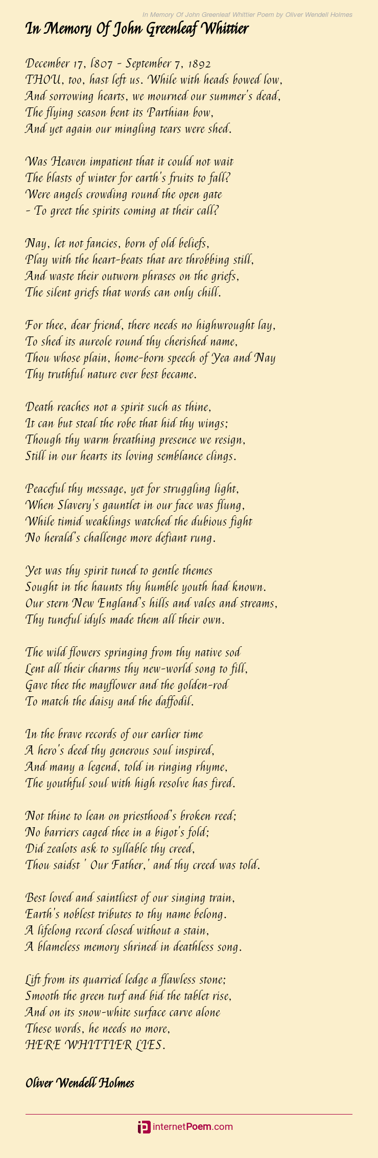 In Memory Of John Greenleaf Whittier Poem Rhyme Scheme