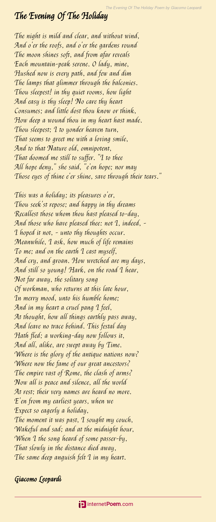 The Evening Of The Holiday Poem by Giacomo Leopardi