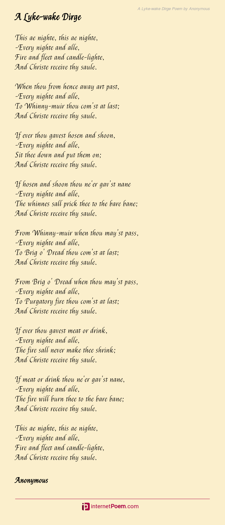 A Lyke-wake Dirge Poem by Anonymous