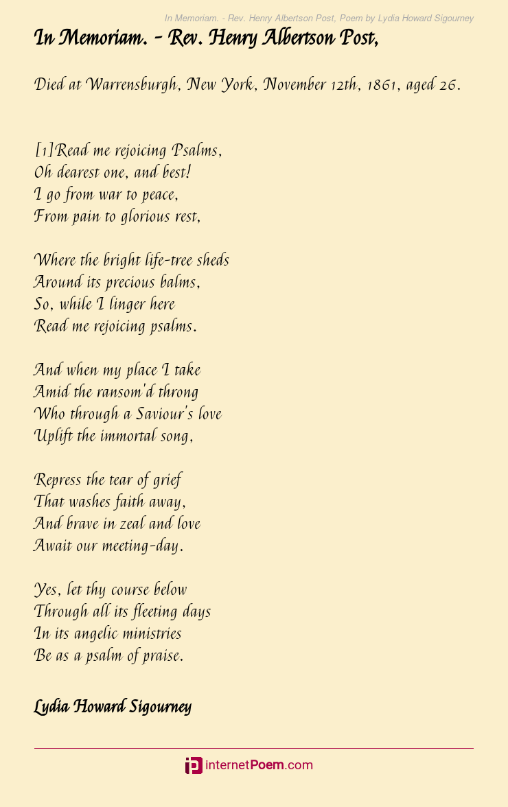 In Memoriam. - Rev. Henry Albertson Post, Poem by Lydia Howard Sigourney