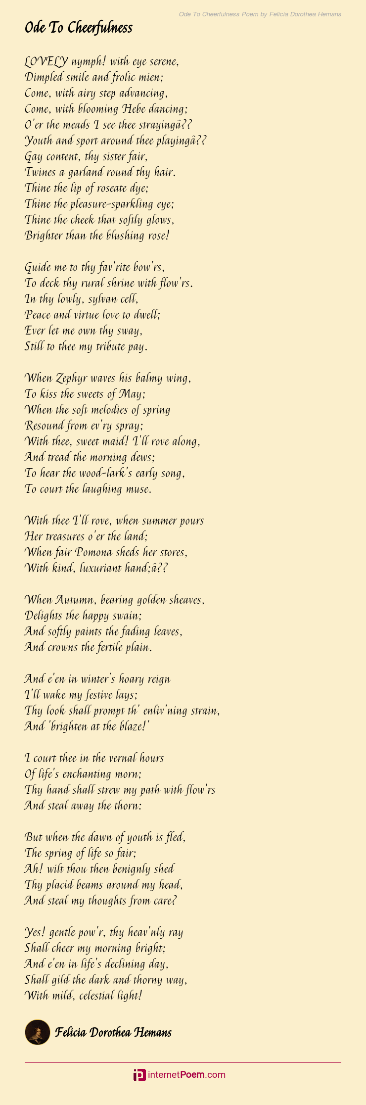 Ode To Cheerfulness Poem by Felicia Dorothea Hemans