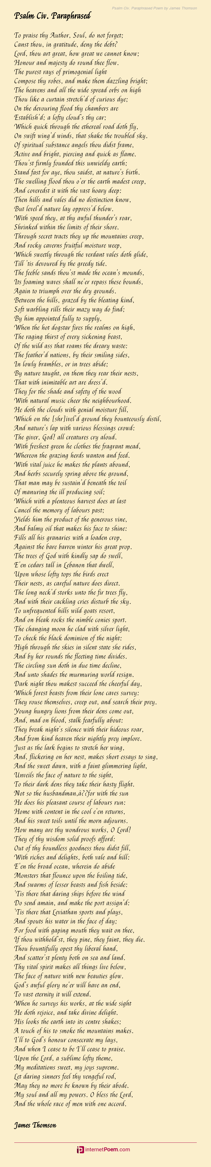 Psalm Civ. Paraphrased Poem by James Thomson