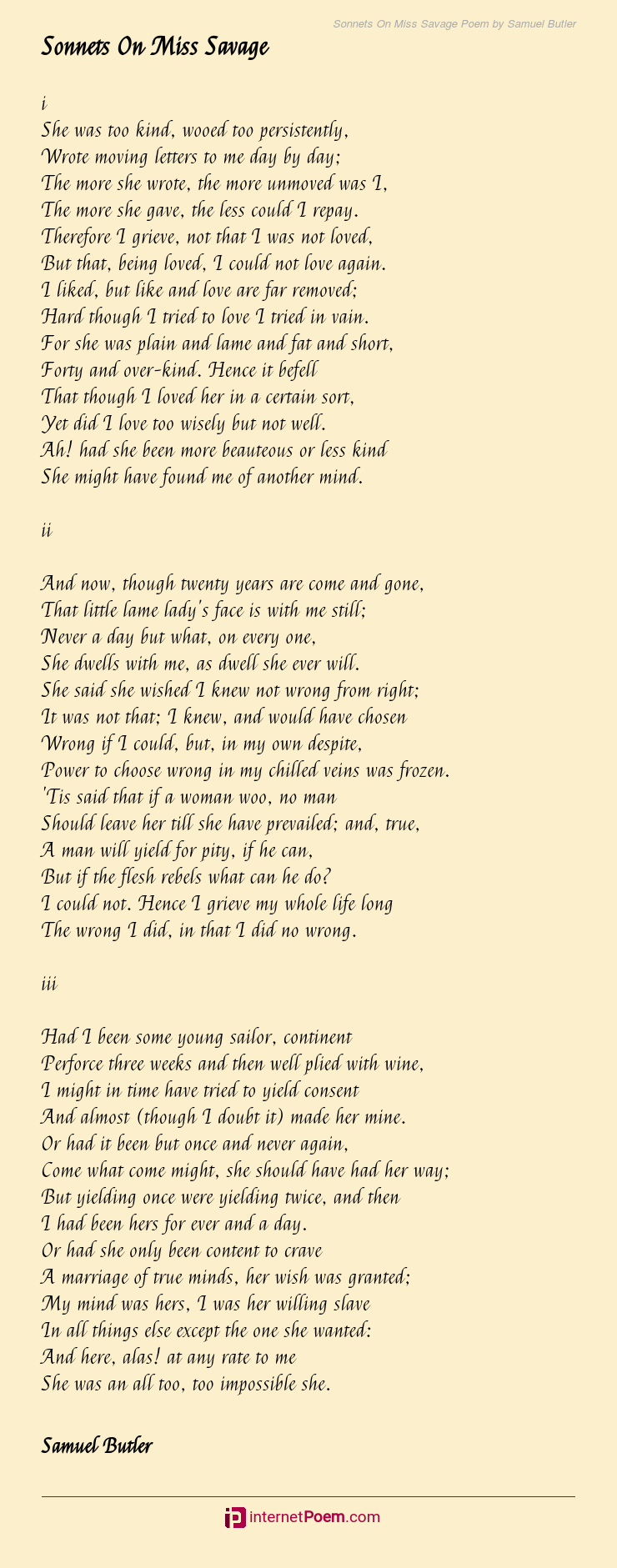 Sonnets On Miss Savage Poem by Samuel Butler