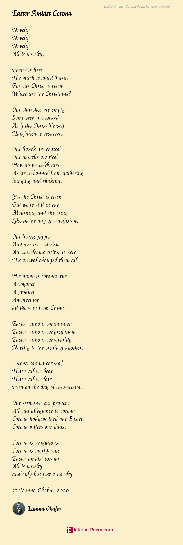 Easter Amidst Corona Poem by Izunna Okafor