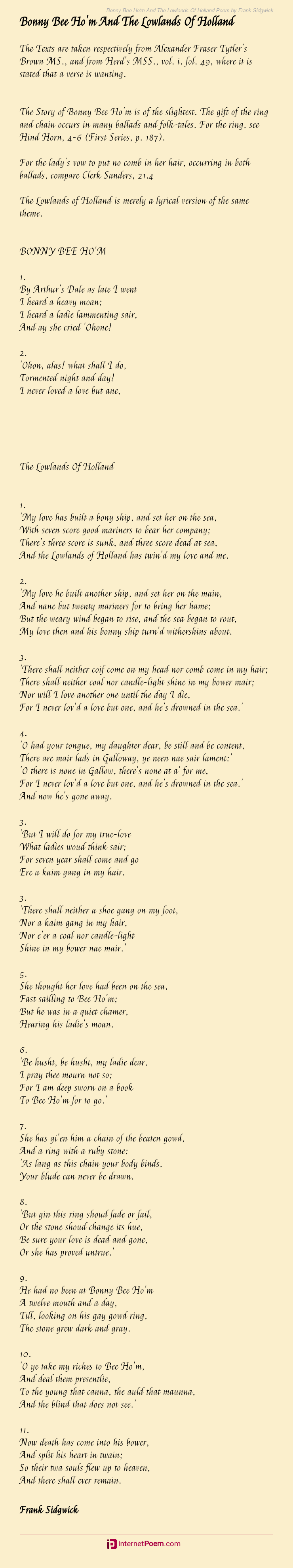 Bonny Bee Ho'm And The Lowlands Of Holland Poem by Frank Sidgwick