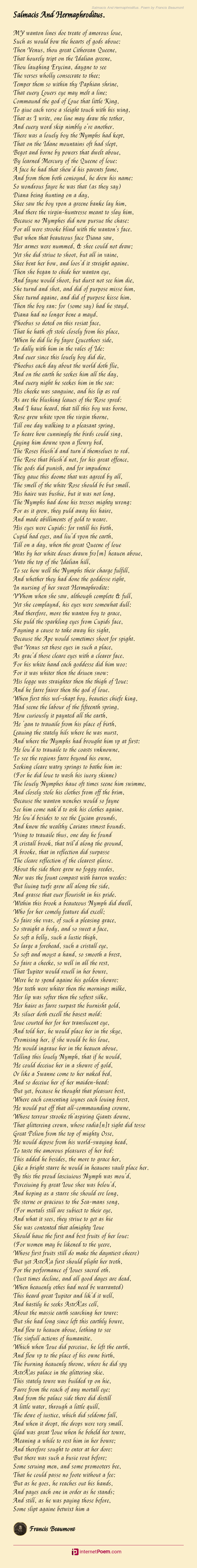 Salmacis And Hermaphroditus. Poem by Francis Beaumont