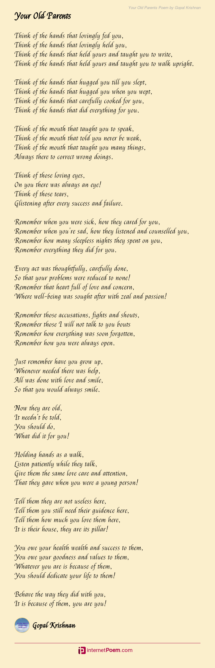 Your Old Parents Poem by Gopal Krishnan