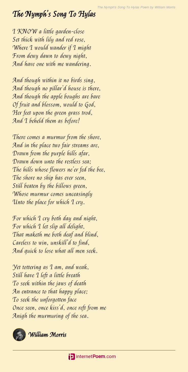 The Nymph's Song To Hylas Poem by William Morris