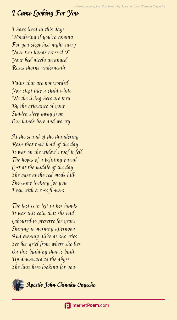I Came Looking For You Poem by Apostle John Chinaka Onyeche