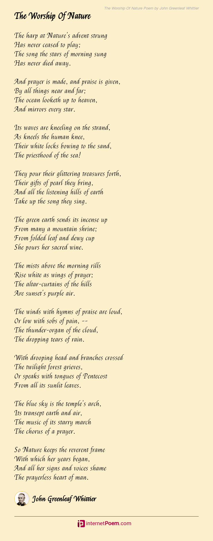 The Worship Of Nature Poem by John Greenleaf Whittier