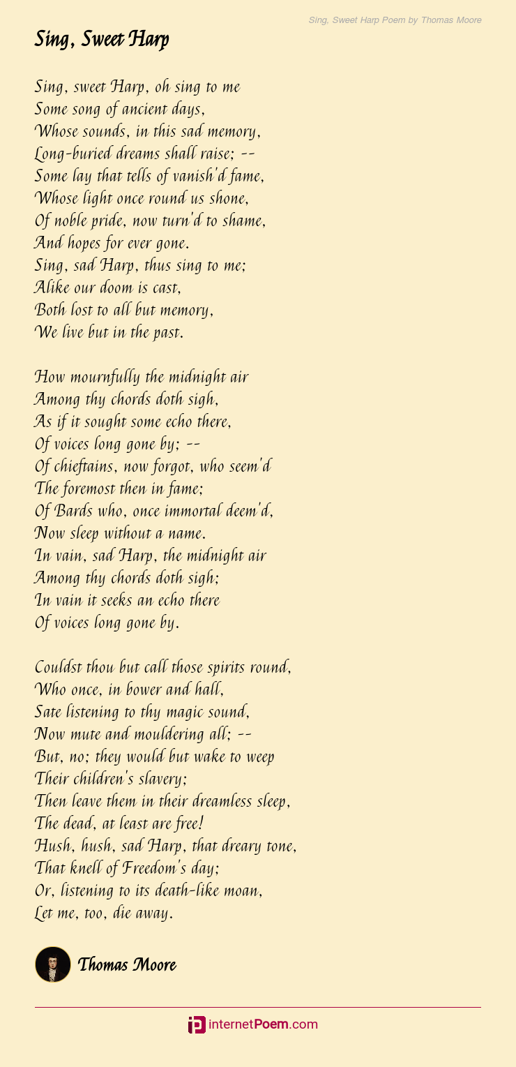 Sing, Sweet Harp Poem by Thomas Moore