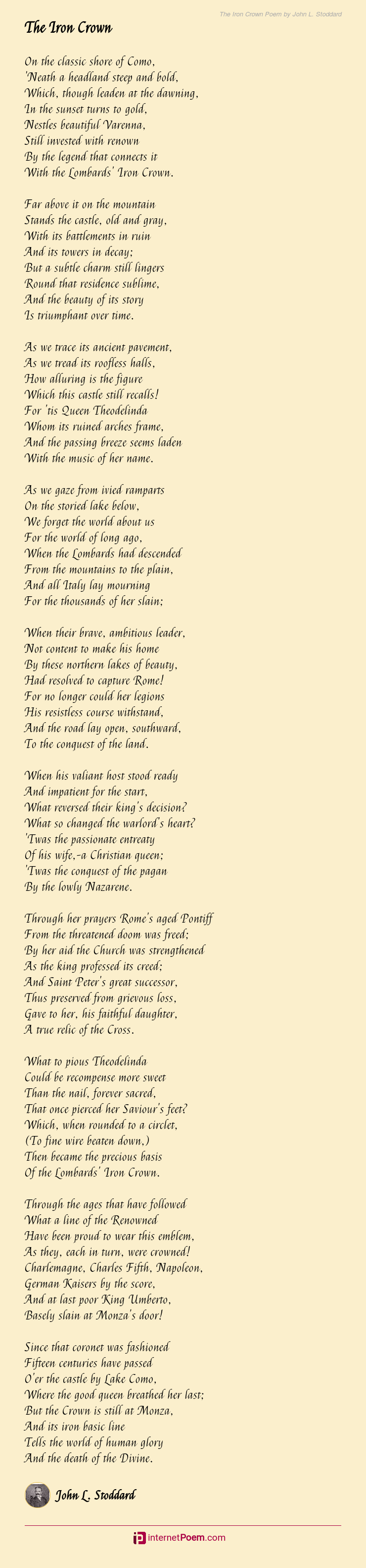 The Iron Crown Poem by John L. Stoddard