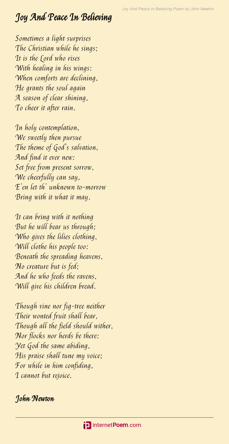 Joy And Peace In Believing Poem by John Newton