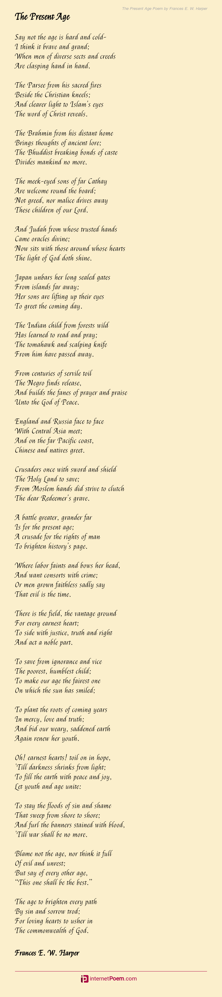 The Present Age Poem by Frances E. W. Harper