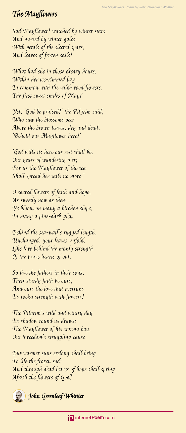 The Mayflowers Poem by John Greenleaf Whittier