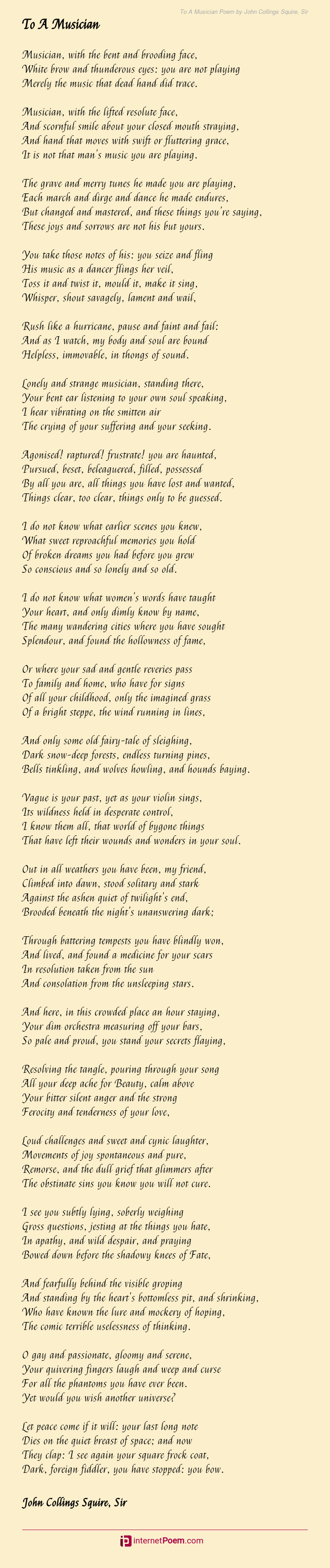 To A Musician Poem by John Collings Squire, Sir