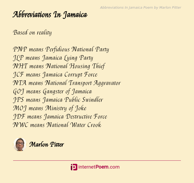 Abbreviations In Jamaica Poem by Marlon Pitter