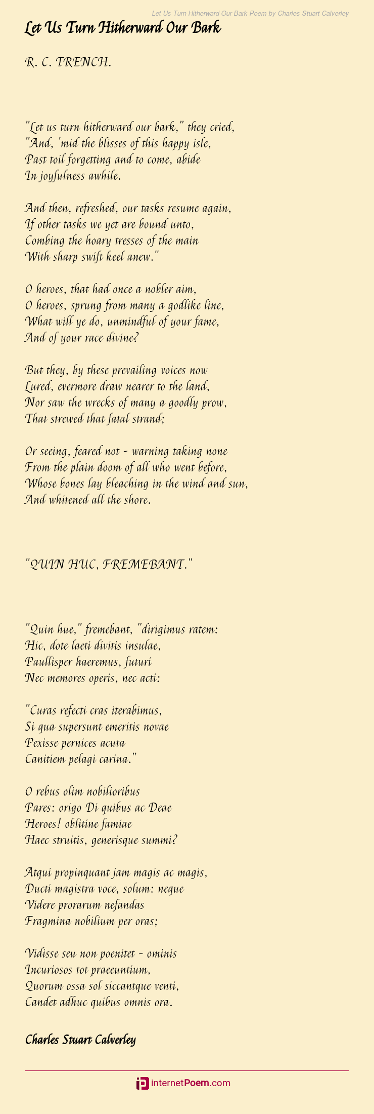 Let Us Turn Hitherward Our Bark Poem by Charles Stuart Calverley
