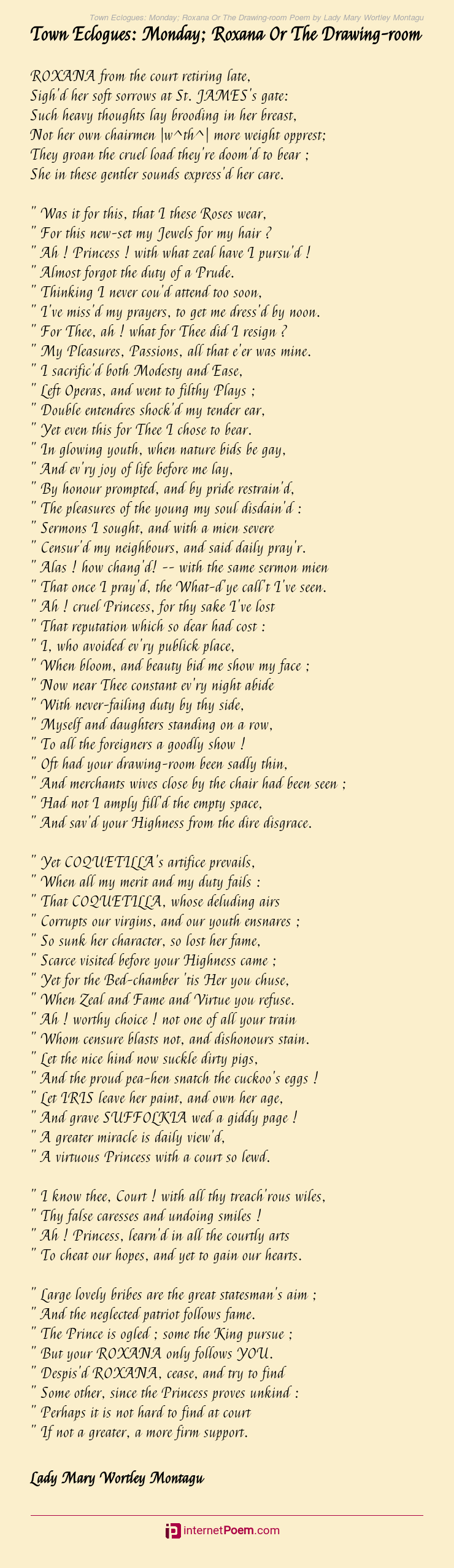 Town Eclogues: Monday; Roxana Or The Drawing-room Poem by Lady Mary ...