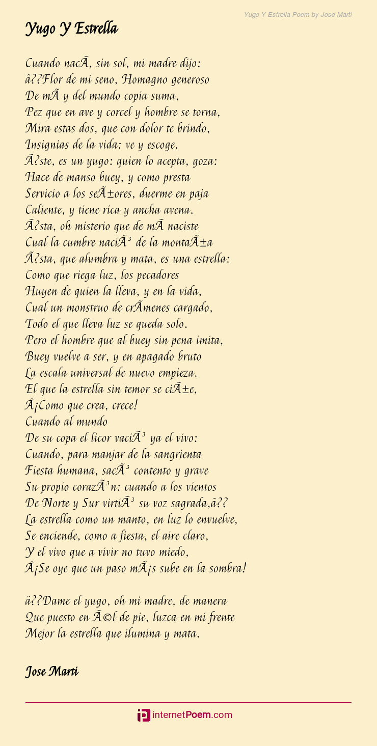 Yugo Y Estrella Poem by Jose Marti